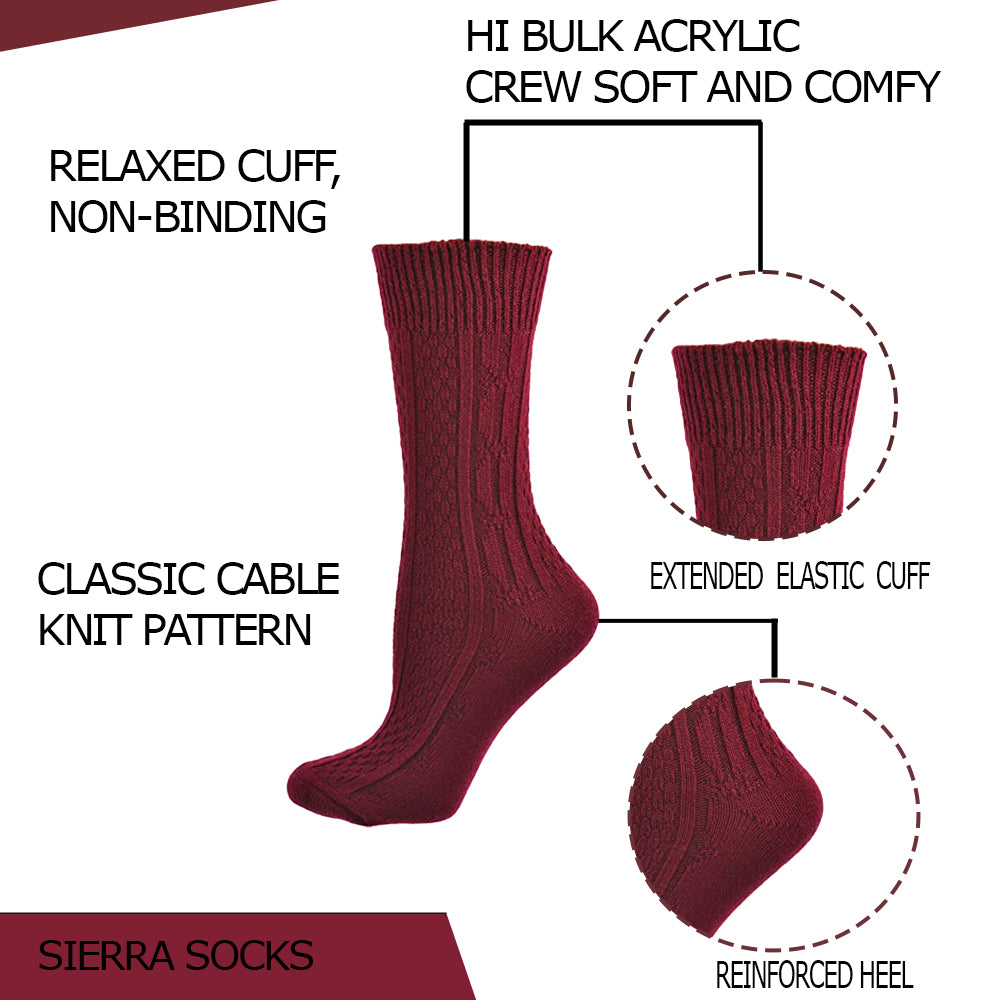 Classic Cable Knit Acrylic Crew Socks 2 pair pack Women